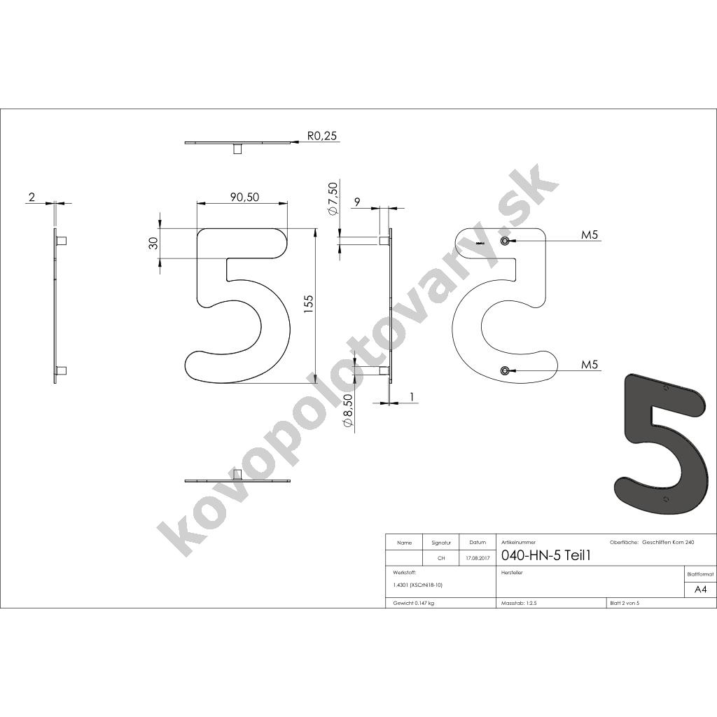040-HN-5 - nerezová číslica 5, číslo na dom, výška 155 mm ...