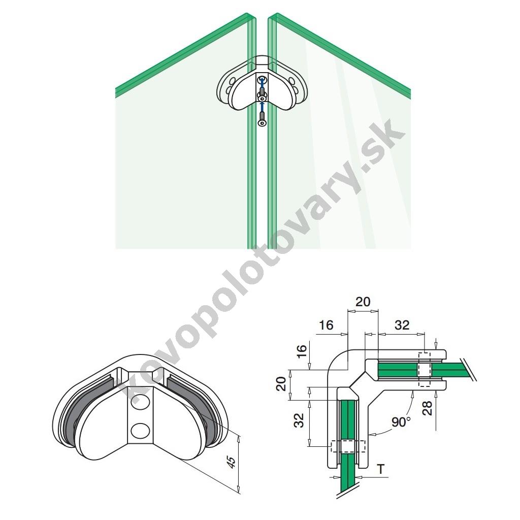 Nerezový držiak skla hr.10 mm - model 12 na sklo, rohová spojka 90 ...